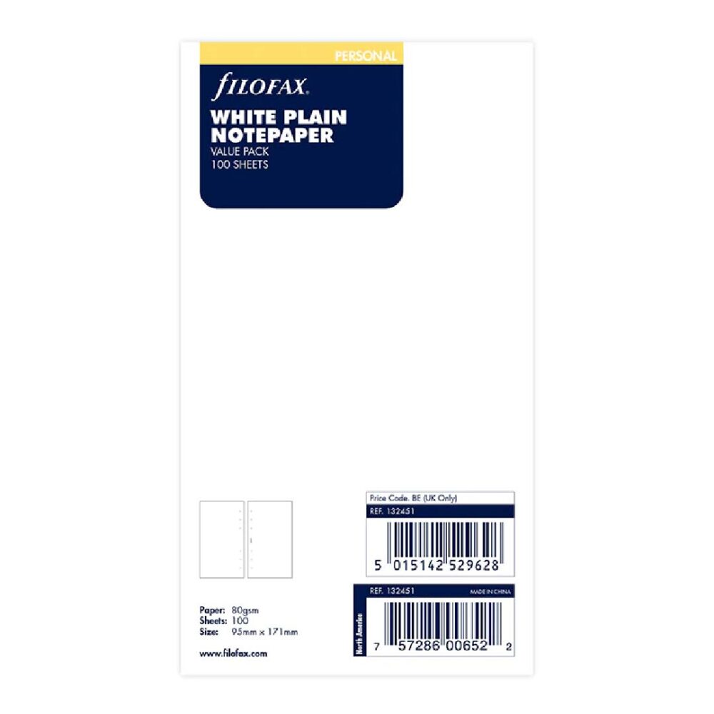 Filofax Refill Personal Paper Plain White (100 sheet) - Beste