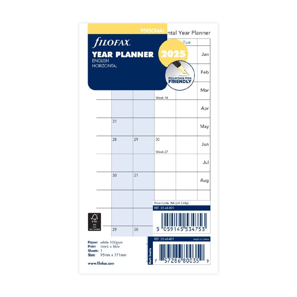 Filofax Horizontal Year Planner Refill- Personal 2024 English - Beste
